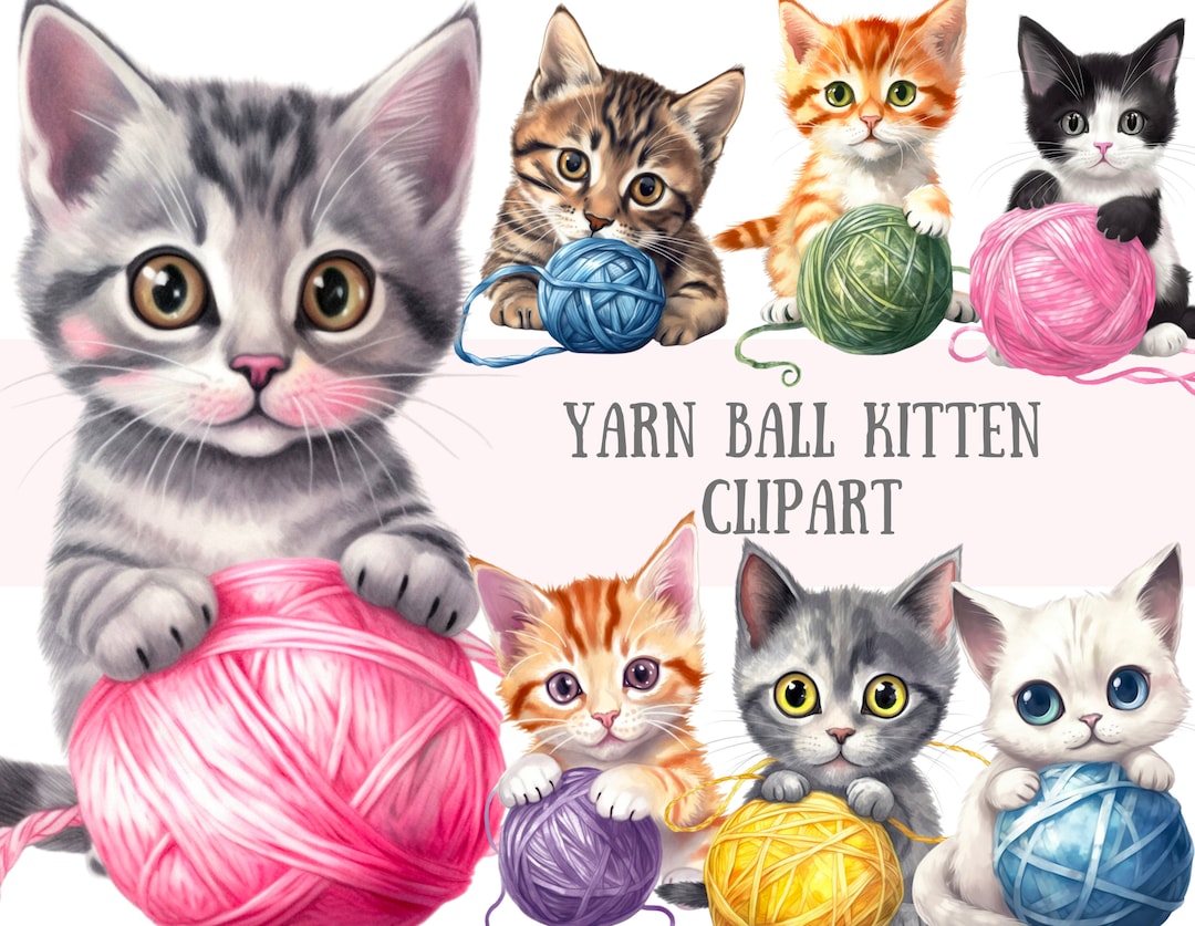 Watercolour Yarn Ball Kitten Clipart Kawaii Cat PNG Digital Image ...