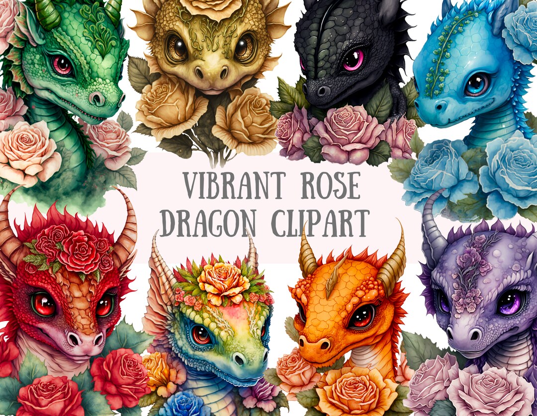 Watercolour Pretty Vibrant Rose Dragon Clipart - Fantasy PNG Digital ...