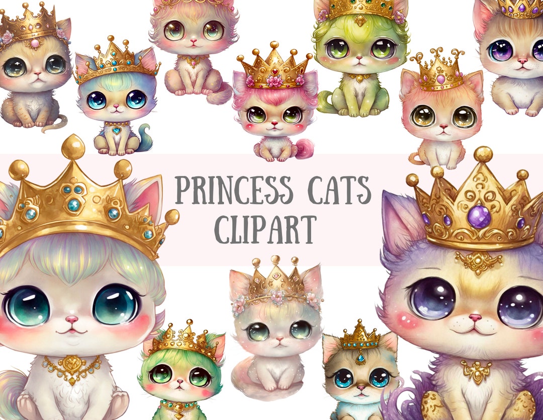 Watercolour Princess Cats Clipart Kawaii Cat PNG Digital Image ...
