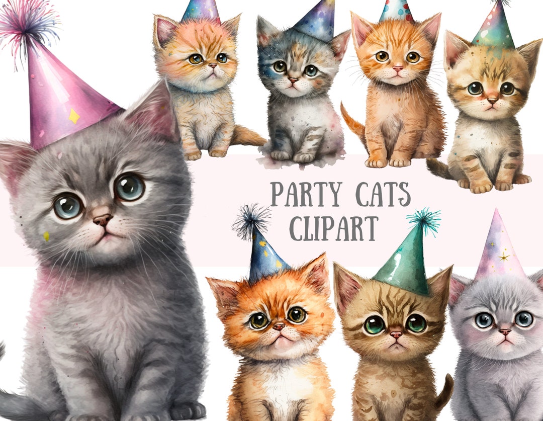 Watercolour Party Cats Clipart Cute Kitten Birthday PNG Digital Image ...