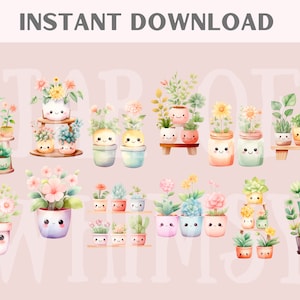 Watercolour Kawaii Pot Plant Clipart Cute Flower Pot Plants PNG Digital ...