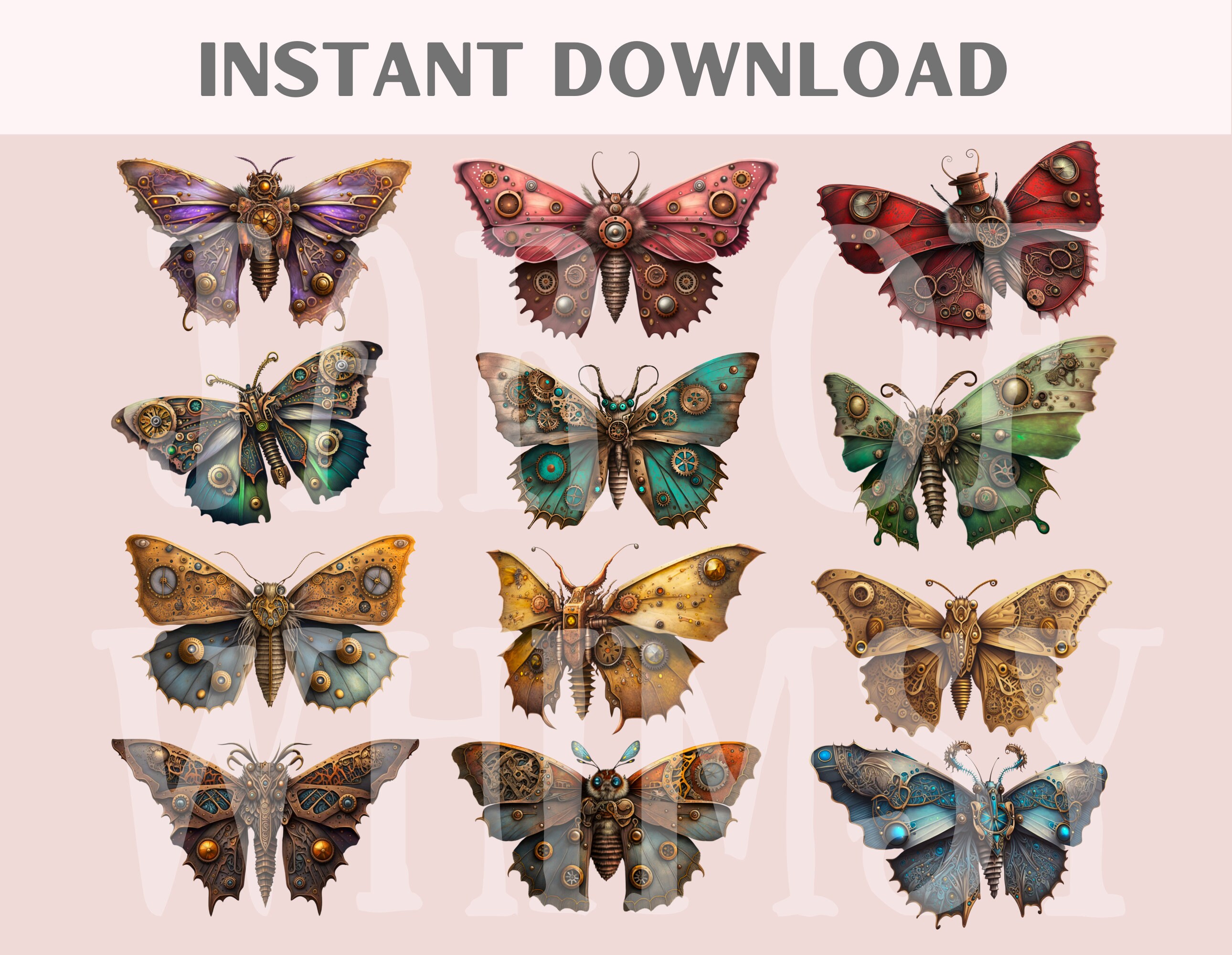 Watercolour Steampunk Moths Clipart Mechanical Moth PNG Digital Image ...