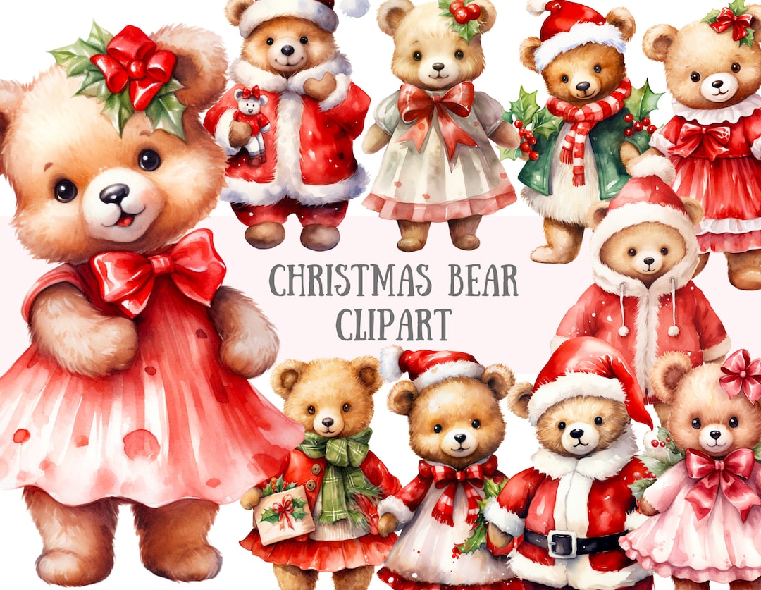 Watercolour Christmas Bear Clipart Xmas Teddy Bears PNG Digital Image ...