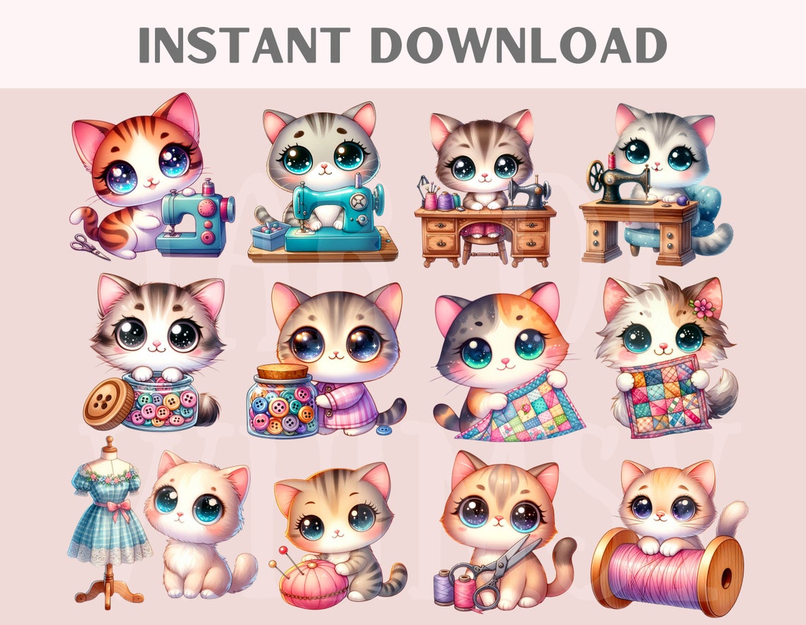 Watercolour Sewing Cat Clipart Cute Seamstress Cat Sewing PNG Digital ...