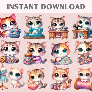 Watercolour Sewing Cat Clipart Cute Seamstress Cat Sewing PNG Digital ...