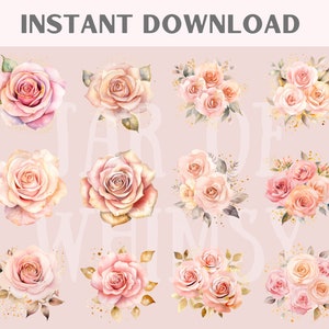 Watercolour Pink and Gold Rose Clipart Flower Floral Bouquet PNG ...
