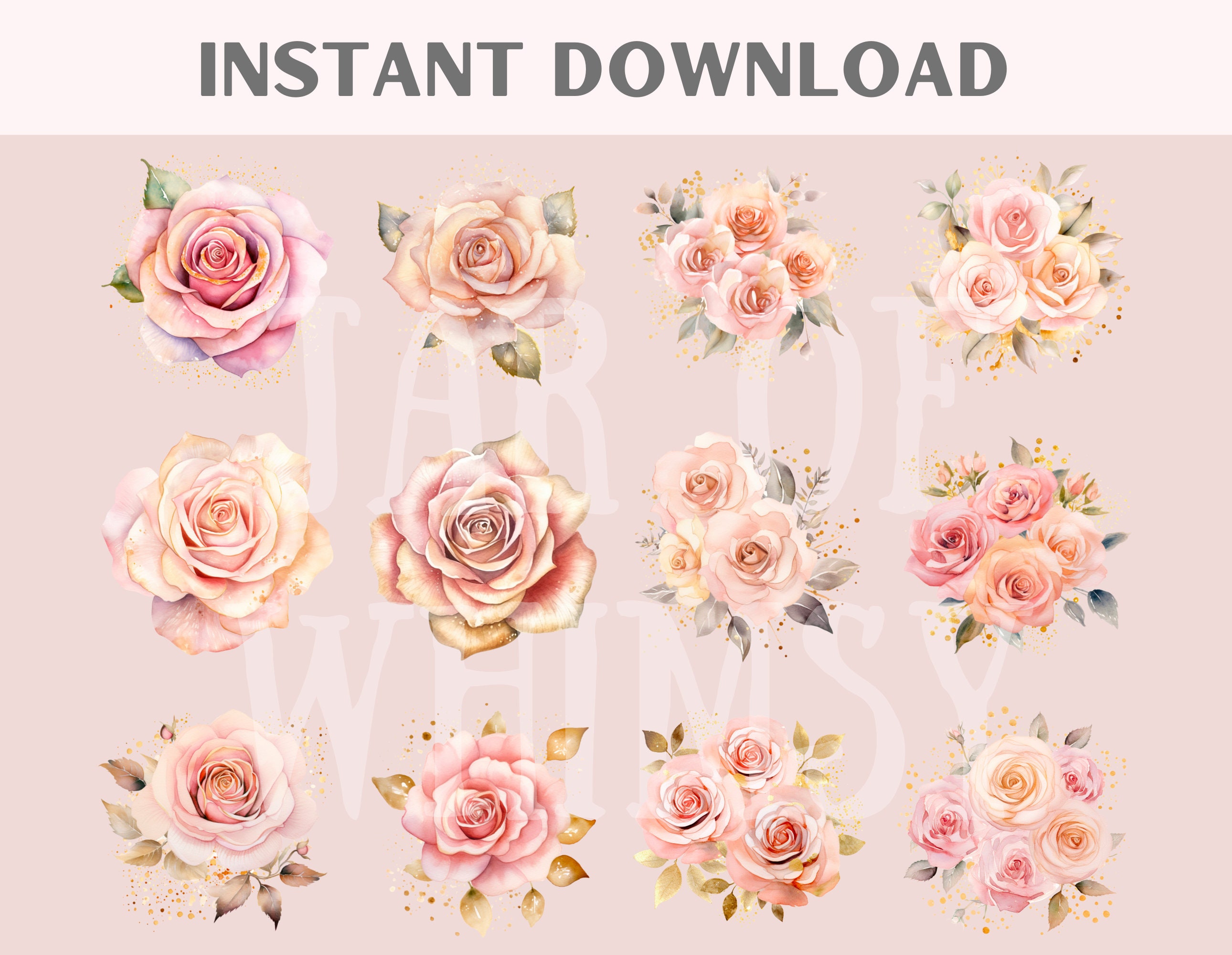 Watercolour Pink and Gold Rose Clipart Flower Floral Bouquet PNG ...