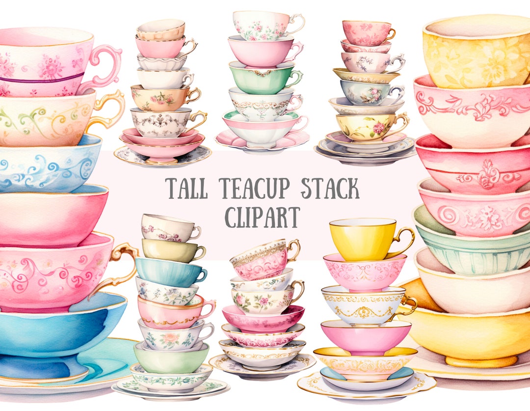 Watercolour Tall Teacup Stack Clipart Pretty Tea Party PNG Digital ...