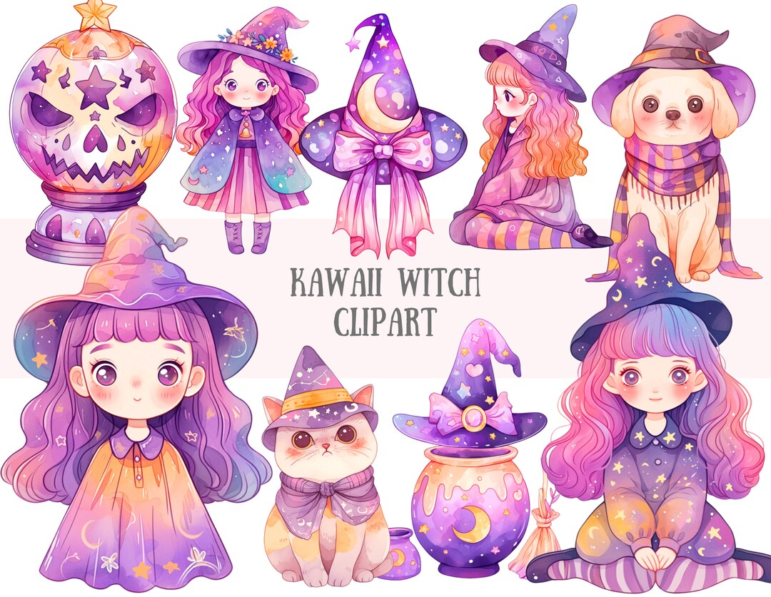 Watercolour Kawaii Witch Clipart Cute Chibi Witch Girl PNG Digital ...