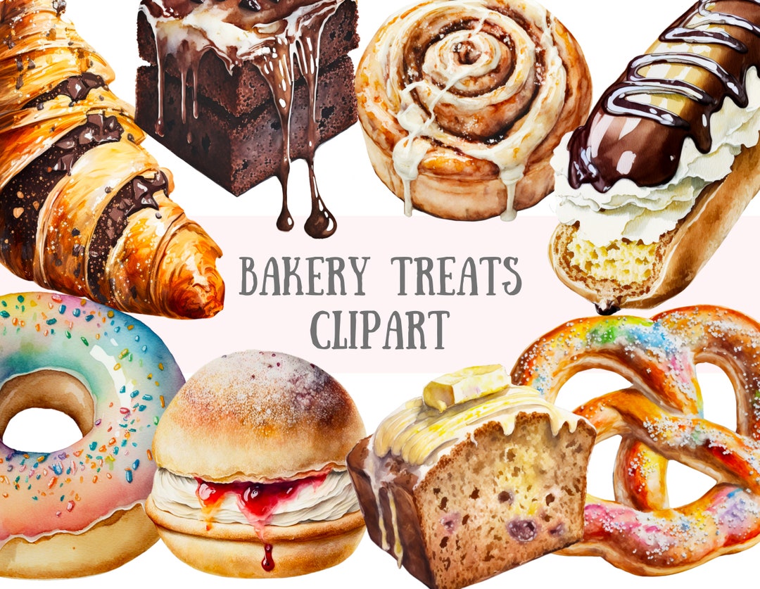 Watercolour Bakery Treats Clipart - Chocolate Cake PNG Digital Image ...
