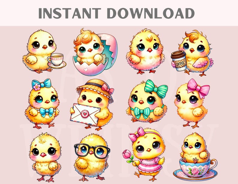Watercolour Chibi Chick Clipart Cute Easter Chick Chicken PNG Digital ...