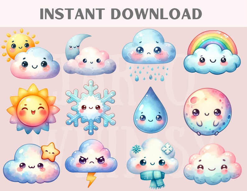 Watercolour Cute Weather Clipart Kawaii Rainbow Cloud PNG Digital Image ...