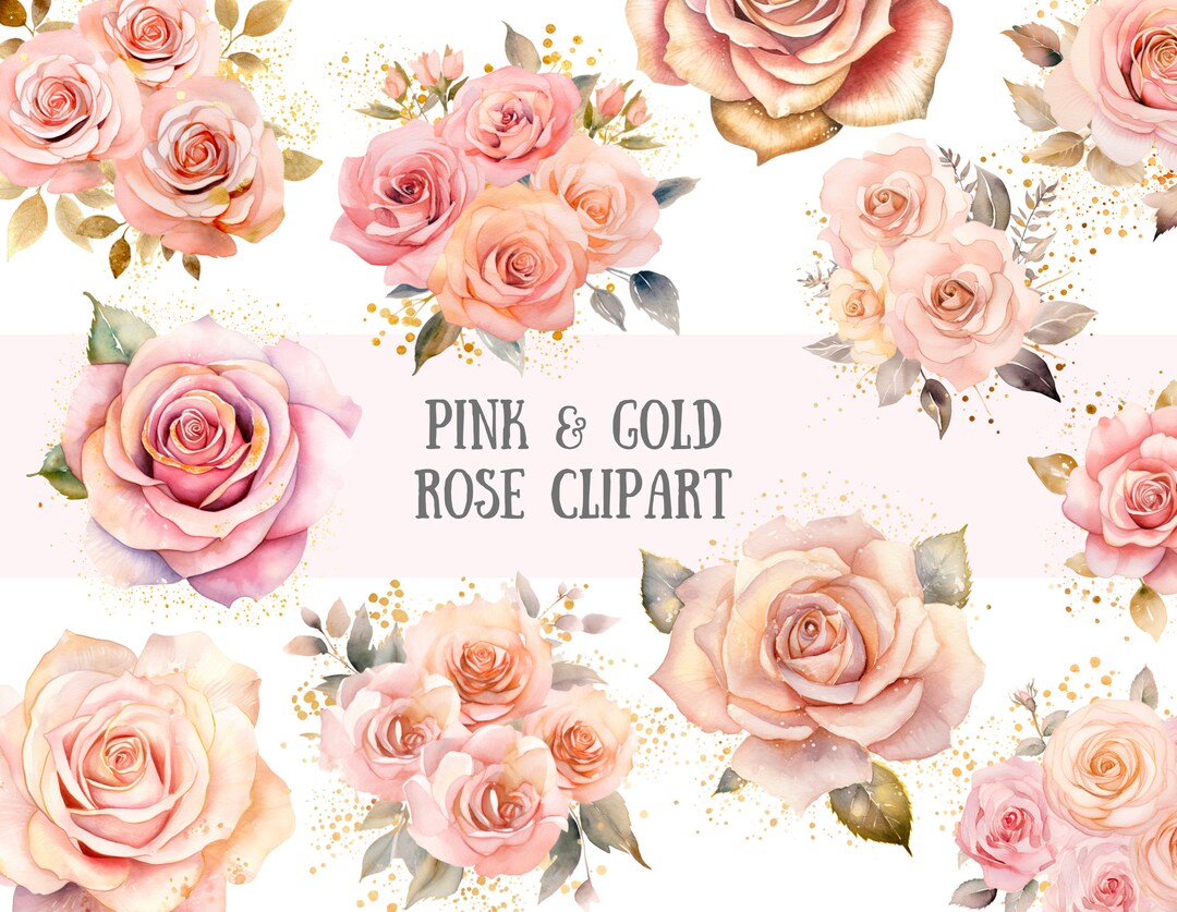 Watercolour Pink and Gold Rose Clipart Flower Floral Bouquet PNG ...