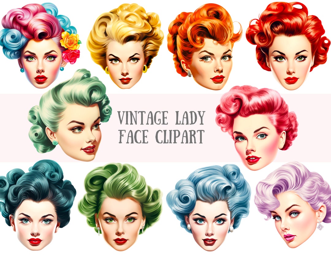 Watercolour Vintage Lady Face Clipart Retro Pin up Girl PNG Digital ...