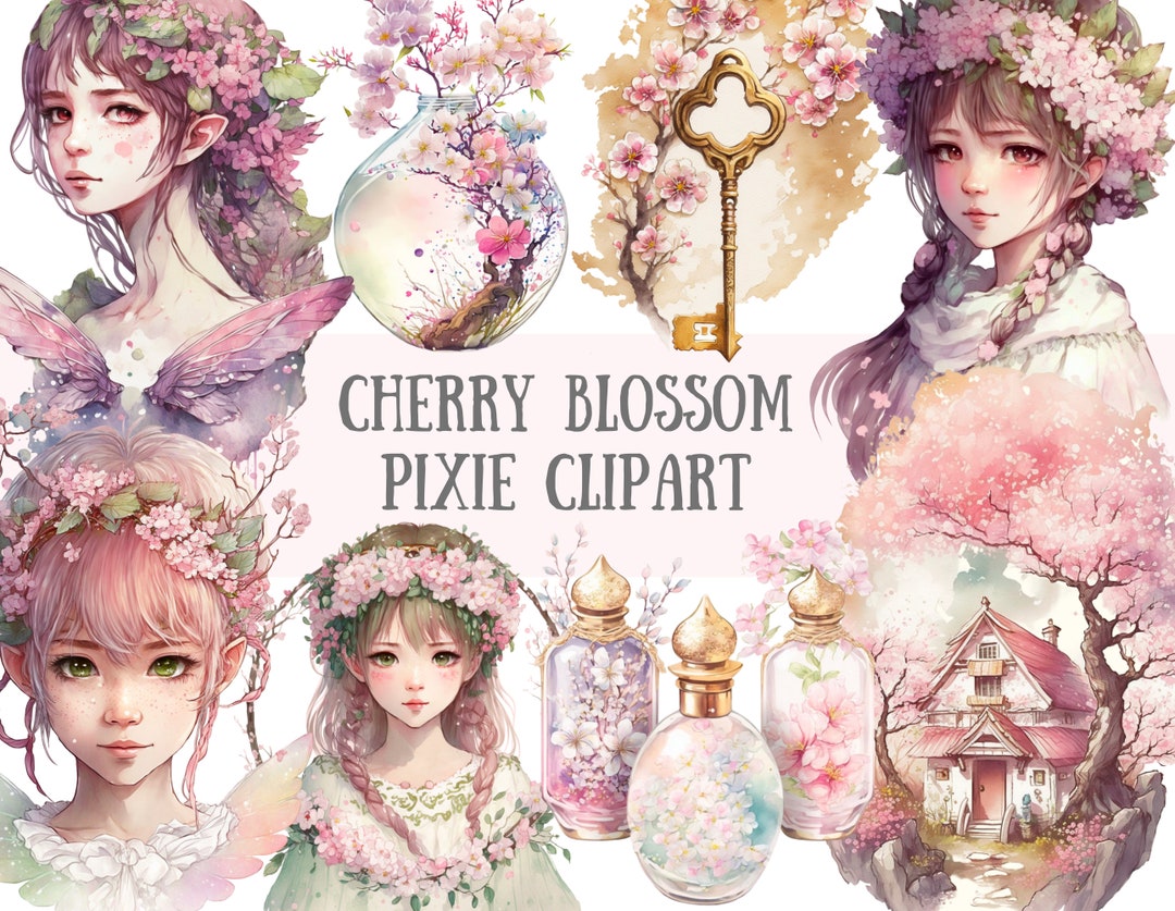 Watercolour Cherry Blossom Pixie Clipart - Pastel Fantasy PNG Digital Image Downloads for Card ...