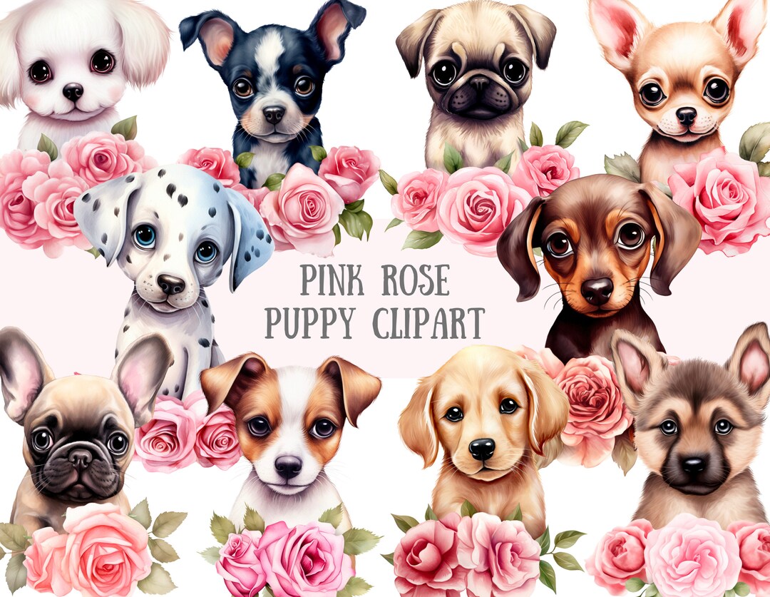 Watercolour Pink Rose Puppy Clipart Shabby Chic Dog Graphics PNG ...