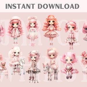 Watercolour Whimsical Pink Doll Clipart Big Eyed Doll PNG Digital Image ...