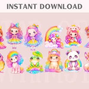 Watercolour Kawaii Rainbow Clipart Cute Bright Chibi Girl PNG Digital ...