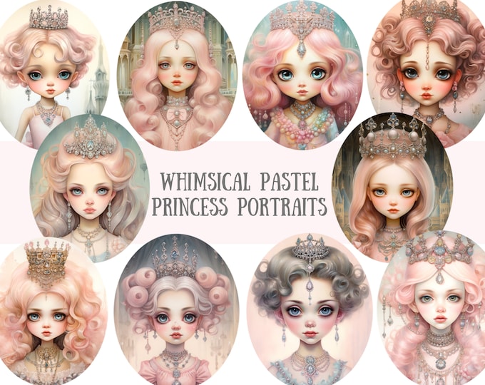 Big-eyed Ladies in Princess Dresses, Watercolor Clipart for Commercial ...