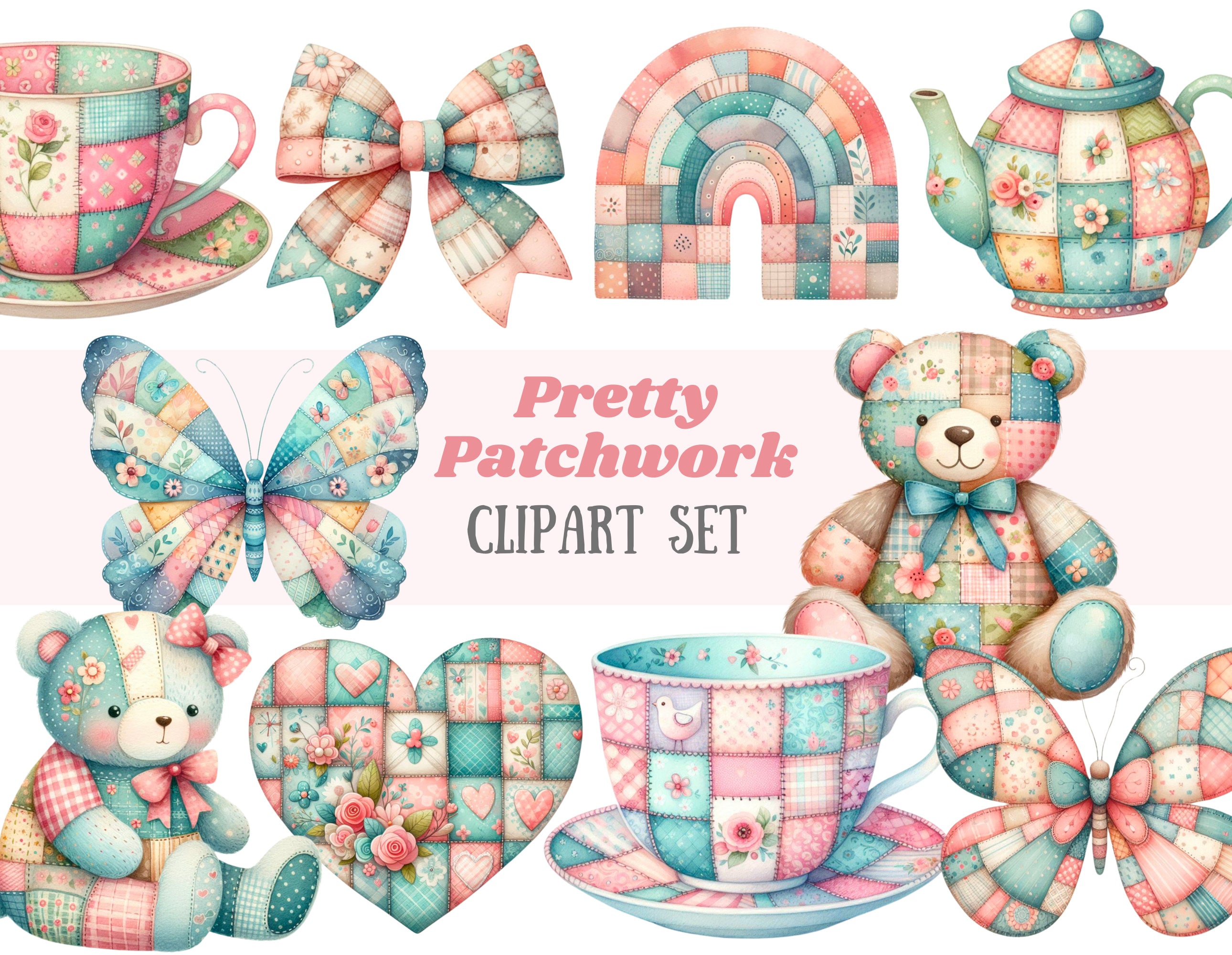 Watercolour Pretty Patchwork Clipart Pastel Quilt PNG Digital Image ...