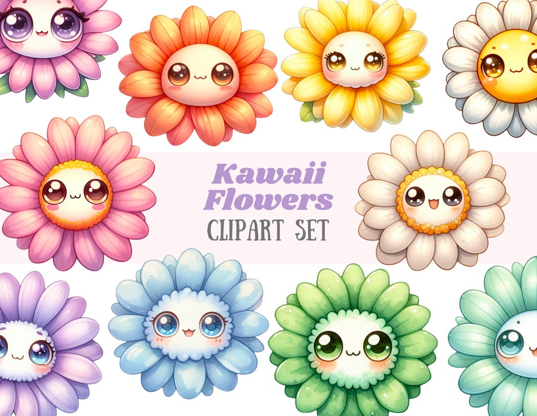 Watercolour Kawaii Flower Clipart Colourful Cute Chibi Flower PNG ...