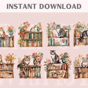 Watercolour Bookcase Cat Clipart Cat Book Lover Reading PNG Digital ...