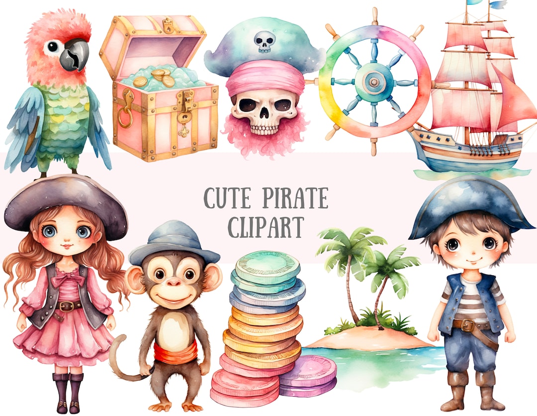 Watercolour Cute Pirate Clipart Baby Kawaii Pirate Party PNG Digital ...