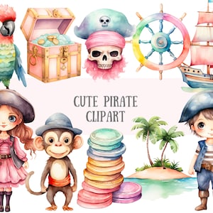 Watercolour Cute Pirate Clipart Baby Kawaii Pirate Party PNG Digital ...