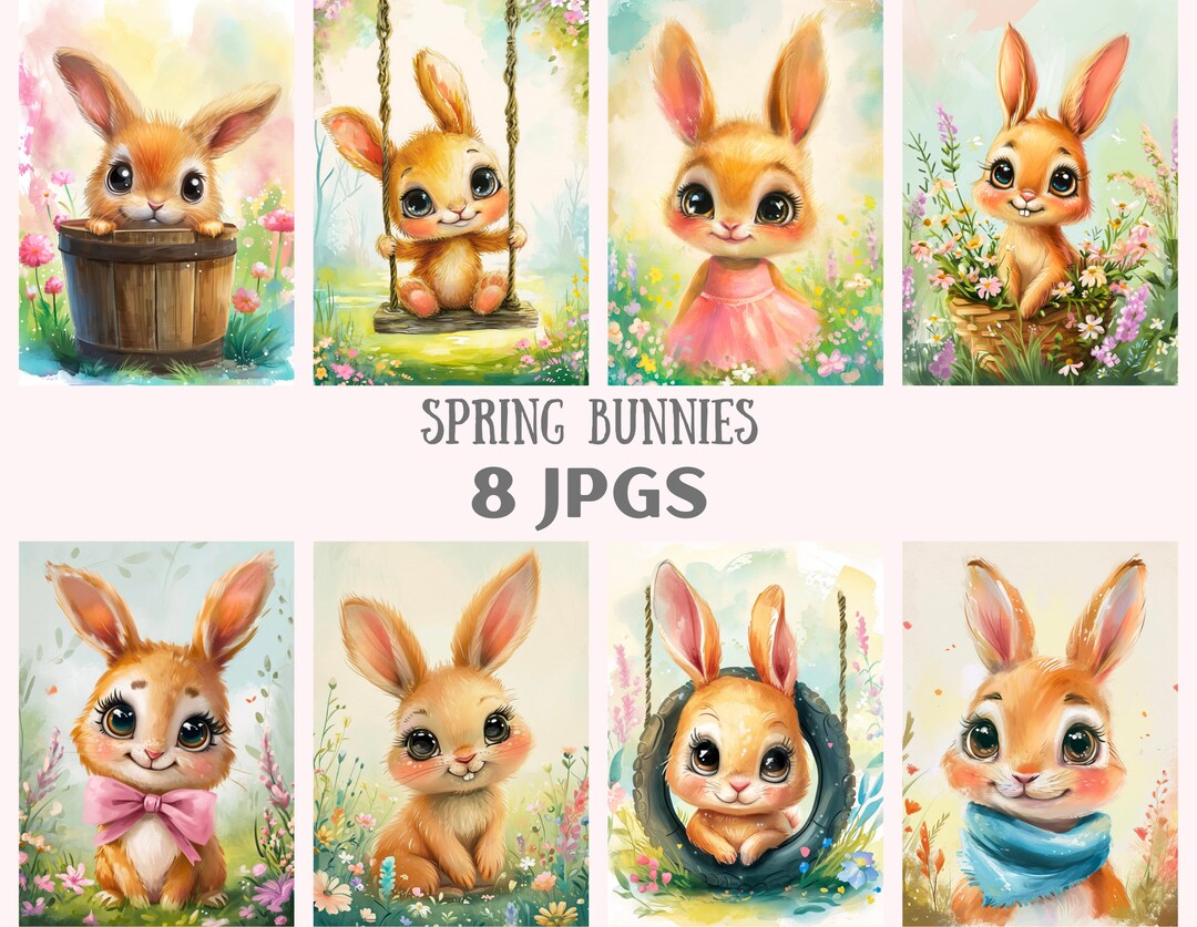 Watercolour Spring Bunnies Clipart Easter Bunny Rabbit JPG Digital ...