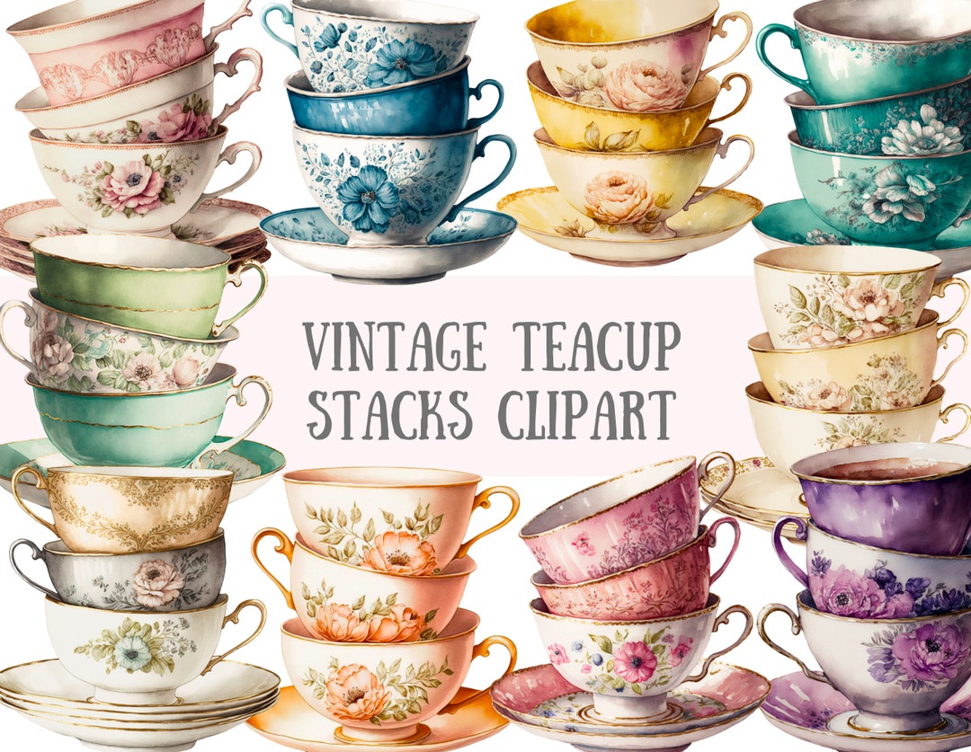 Watercolour Vintage Teacup Stacks Clipart - Tea Time PNG Digital Image ...