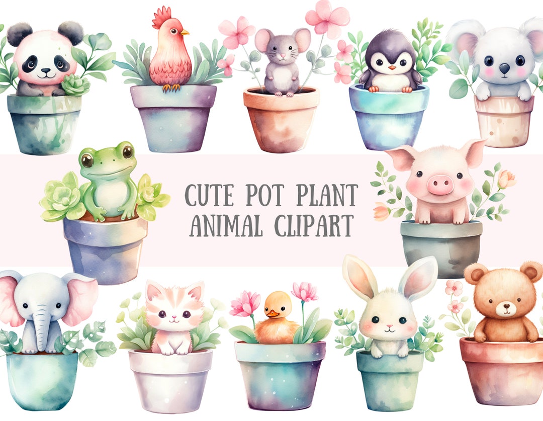 Watercolour Cute Animal Pot Plant Clipart Flower Pot Plants PNG Digital ...