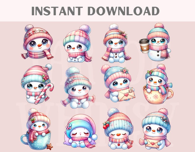 Watercolour Chibi Snowman Clipart Cute Xmas Snowmen PNG Digital Image ...