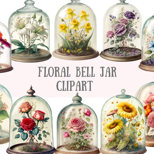 Watercolour Floral Vintage Bell Jars Clipart Roses PNG - Etsy