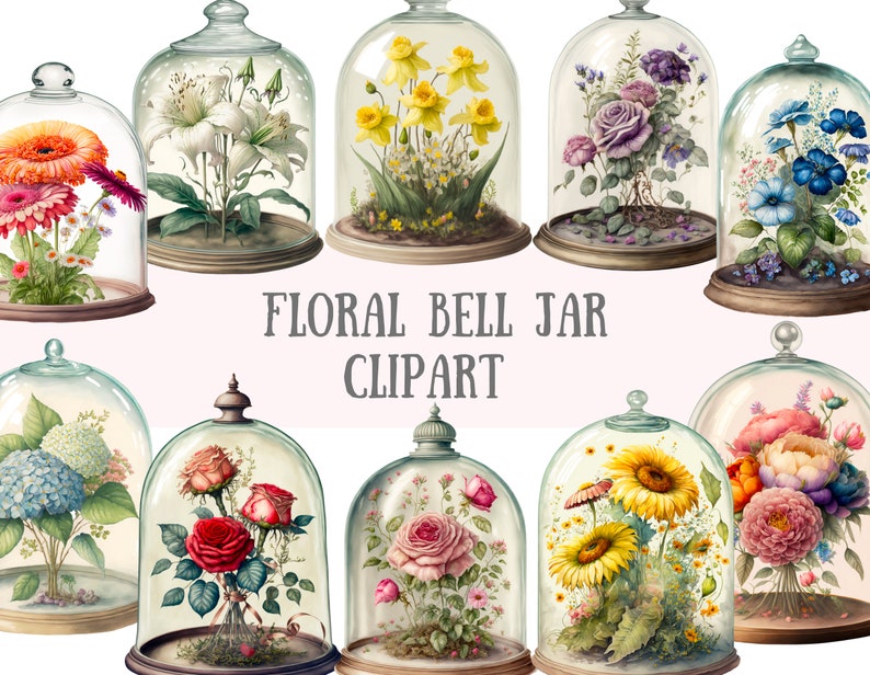 Watercolour Floral Vintage Bell Jars Clipart - Roses PNG Digital Image ...