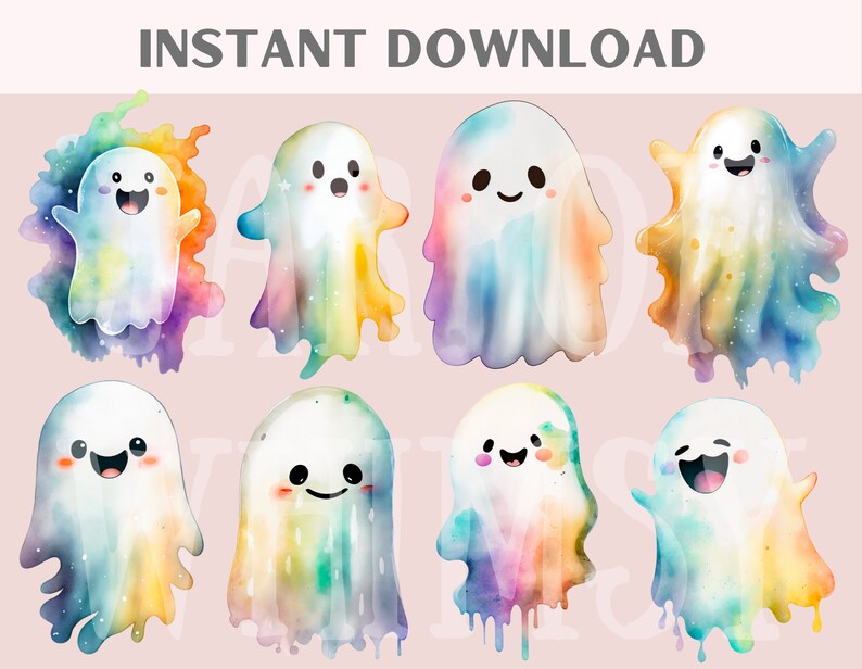 Watercolour Kawaii Ghost Clipart Rainbow Halloween PNG Digital Image ...