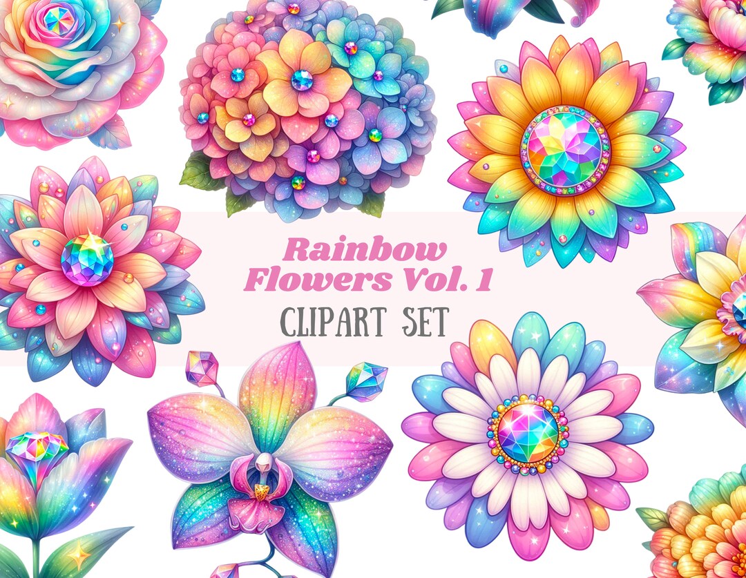 Watercolour Rainbow Flowers Clipart Spring Flower Elements PNG Digital ...