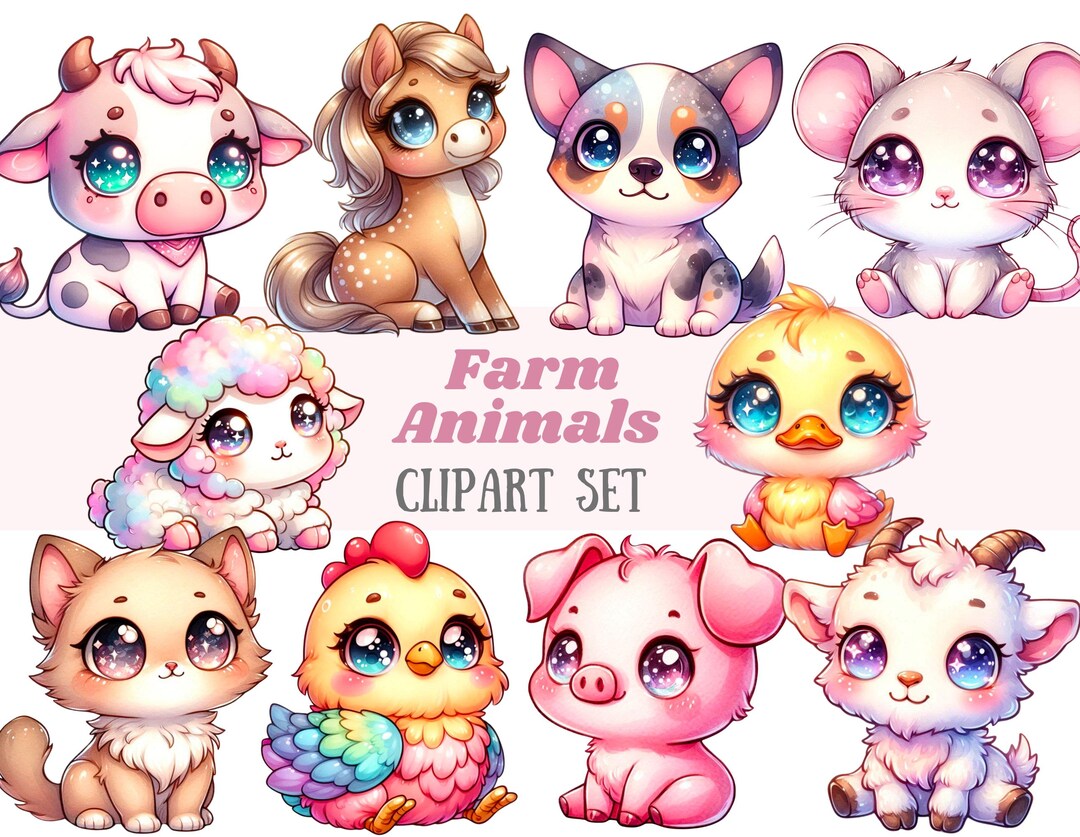 Watercolour Farm Animal Clipart Kawaii Farm Yard Animal PNG Digital ...