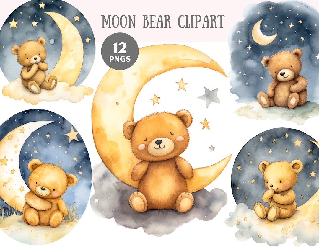 Watercolour Moon Bear Clipart Cute Nursery Baby Bear PNG Digital Image ...
