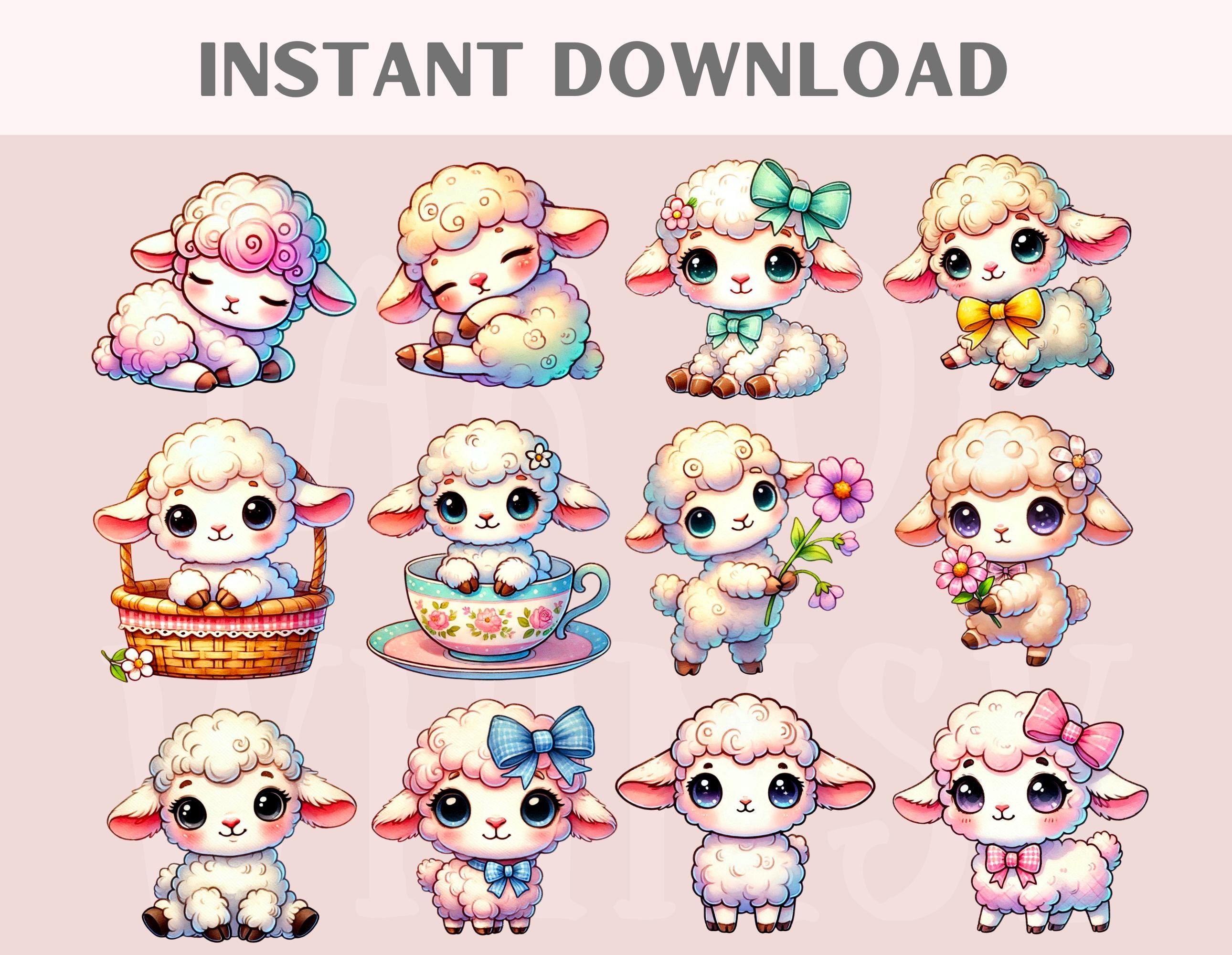 Watercolour Chibi Lamb Clipart Cute Easter Lamb Kawaii Sheep PNG ...