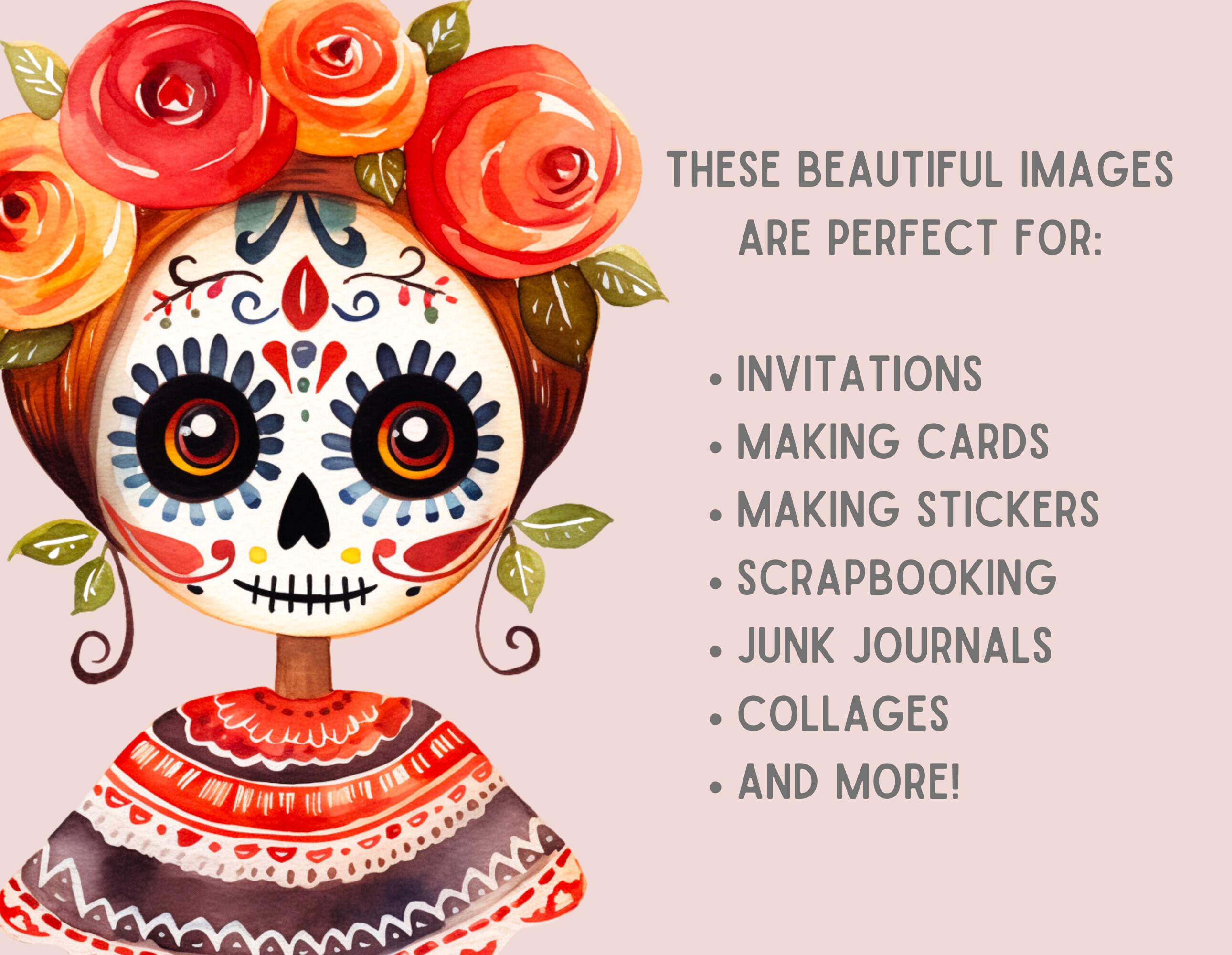 Watercolour Cute Calavera Clipart Paper Doll Sugar Skull PNG Digital ...