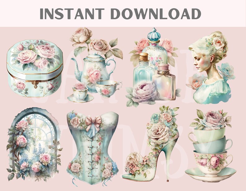 Watercolour Pastel Vintage Rose Clipart Vintage Lady PNG - Etsy