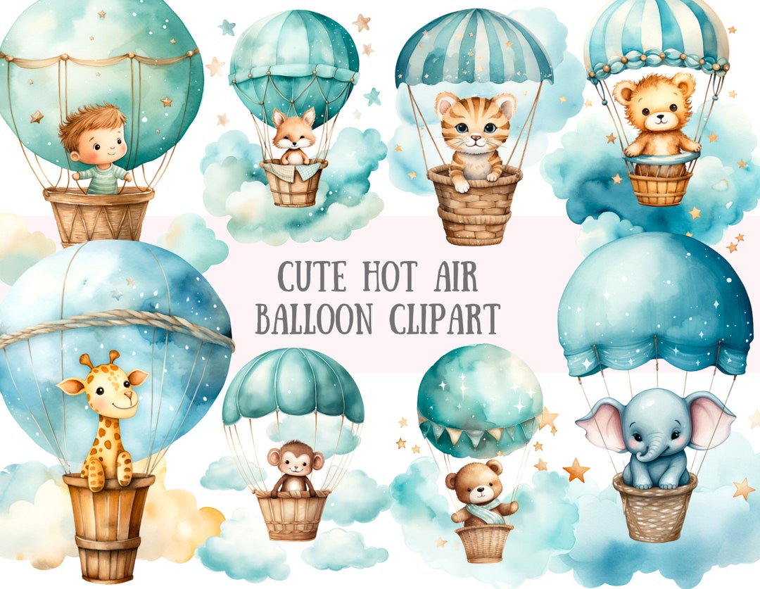 Watercolour Cute Hot Air Balloon Clipart Blue Baby Shower PNG Digital ...