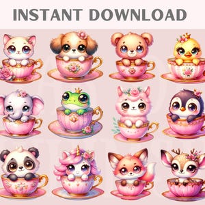 Watercolour Pink Tea Cup Animal Clipart Vintage Tea Party PNG Digital ...