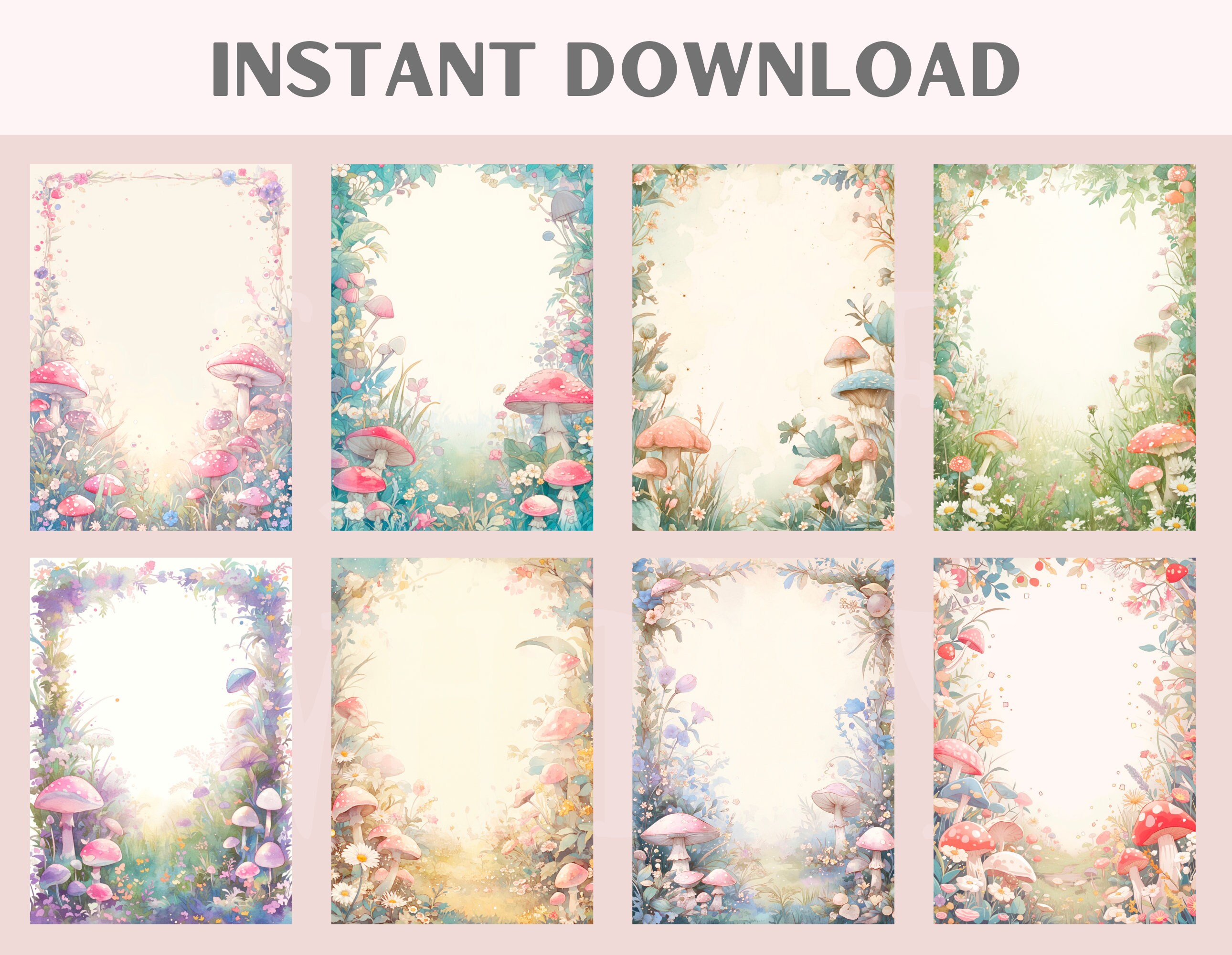 Watercolour Mushroom Border Clipart Fairy Garden Background JPG Digital ...