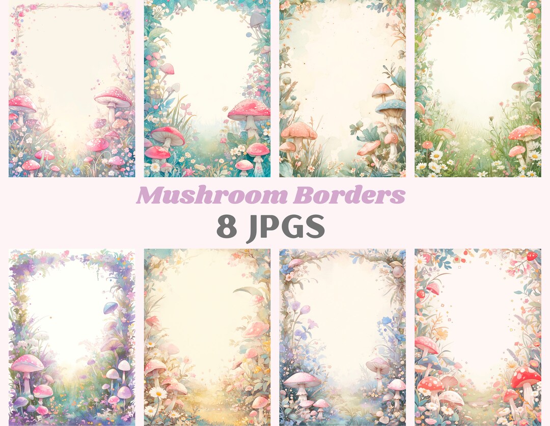Watercolour Mushroom Border Clipart Fairy Garden Background JPG Digital ...