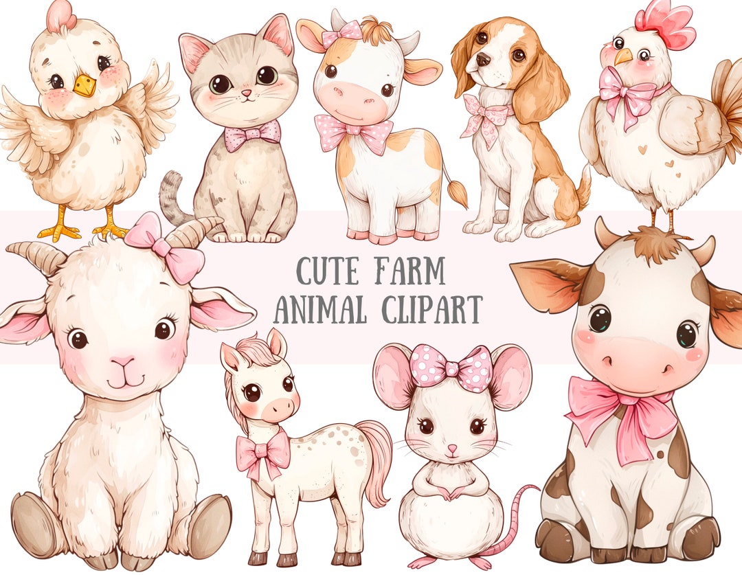 Watercolour Cute Farm Animal Clipart Cow Sheep Chicken Cat Dog PNG ...
