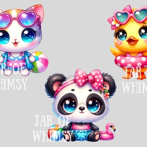 Watercolour Pool Party Animal Clipart Cute Beach Animals PNG Digital ...