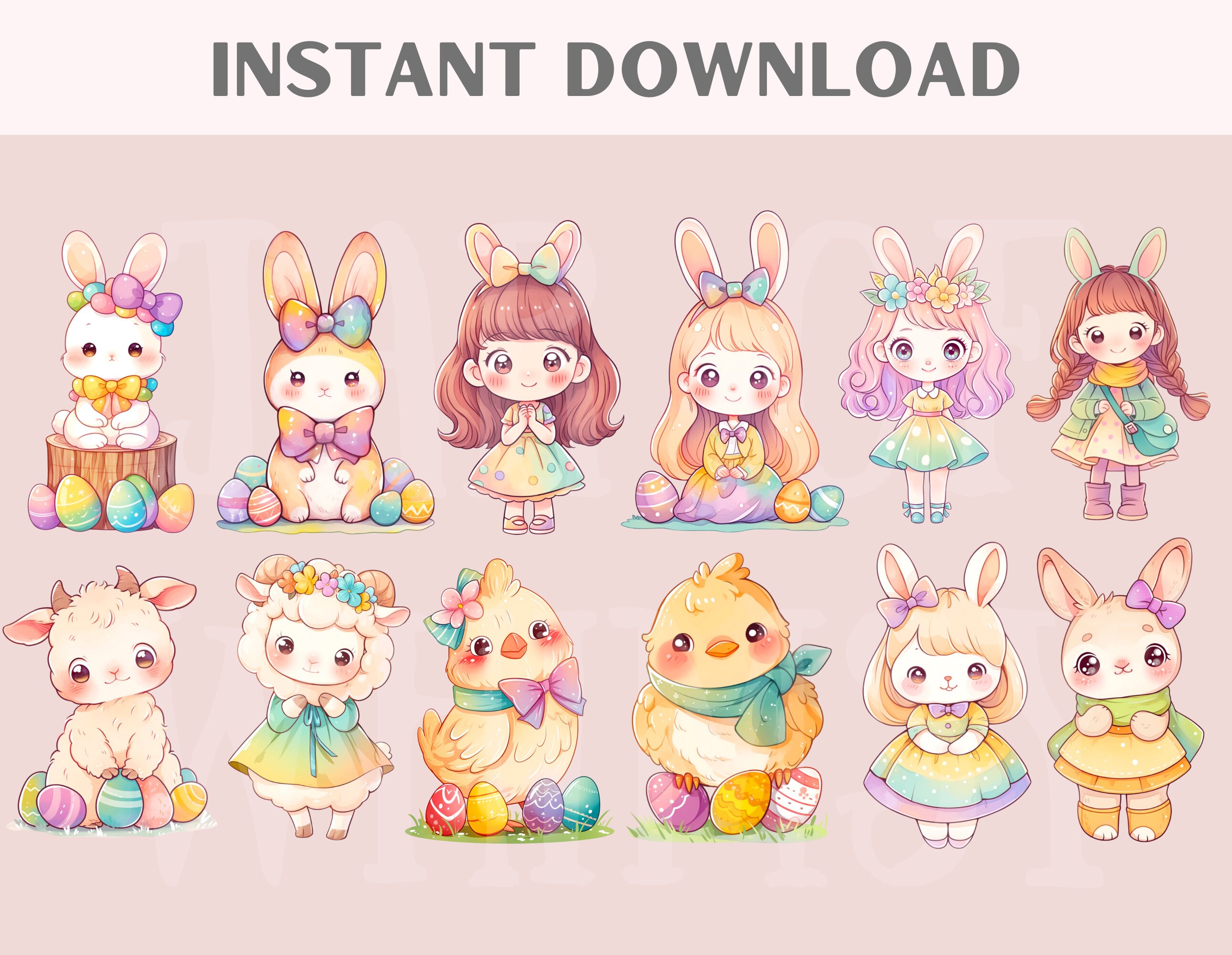Watercolour Kawaii Easter Clipart Cute Chibi Easter Girl PNG Digital ...
