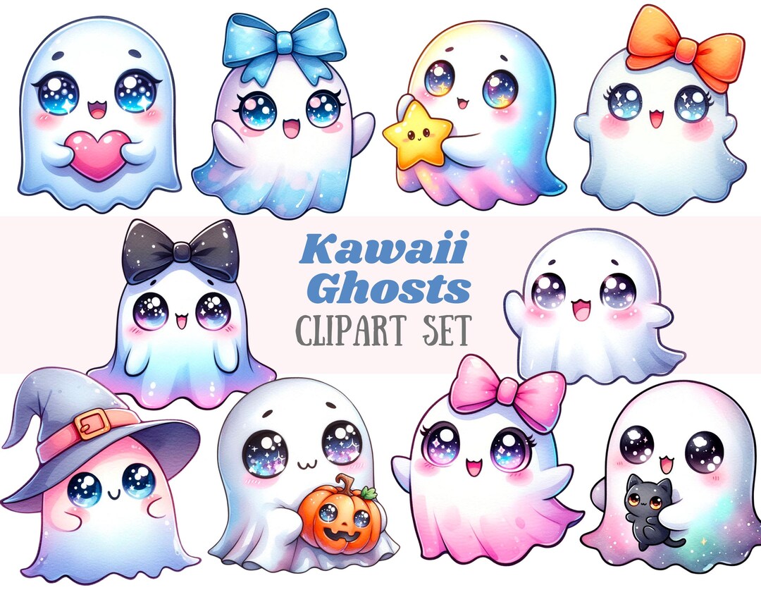 Watercolour Kawaii Ghost Clipart Chibi Halloween Ghost PNG Digital ...