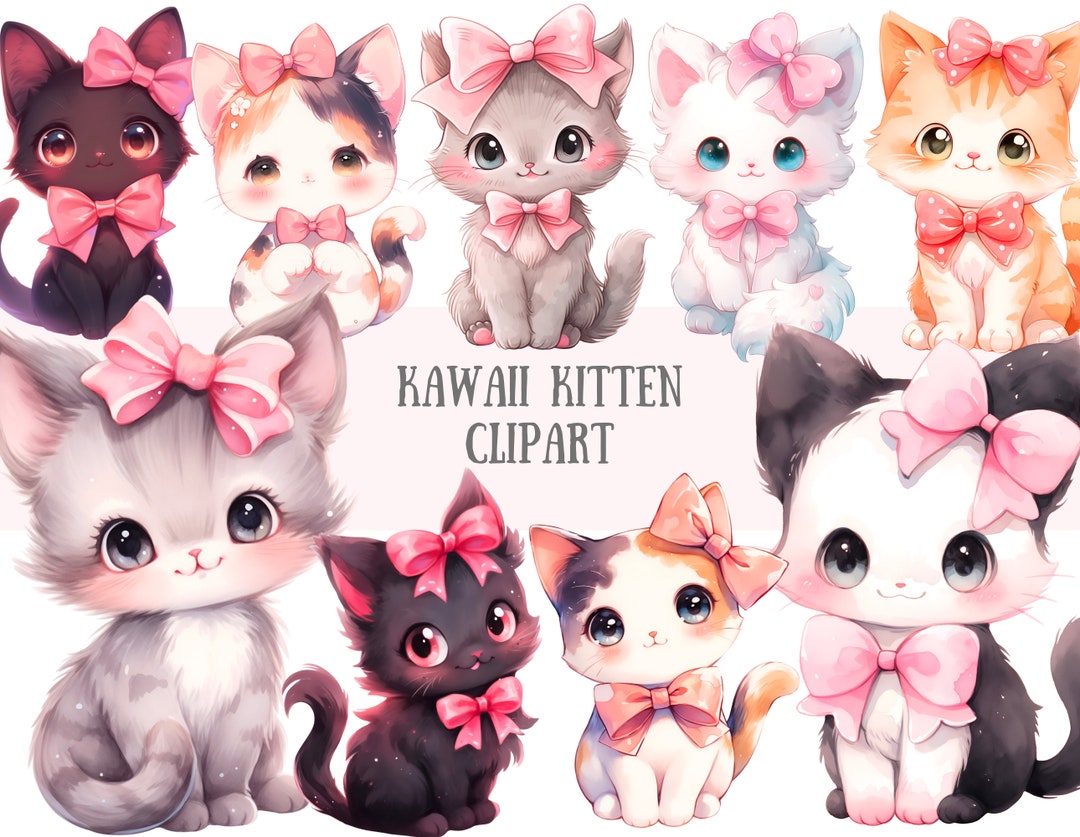 Watercolour Kawaii Kitten Clipart Cute Chibi Anime Cats PNG Digital ...